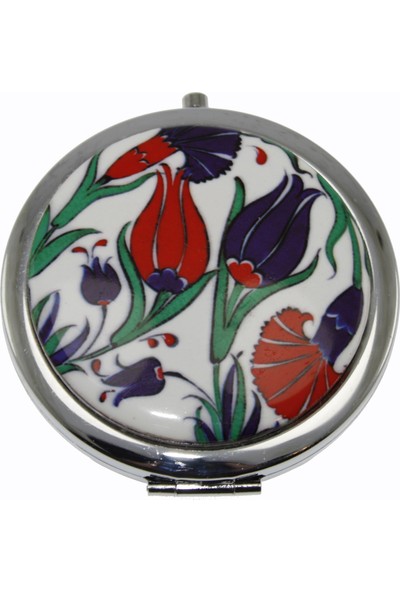 Otantik Çini Lale ve Karanfil Dekorlu Çanta Aynası