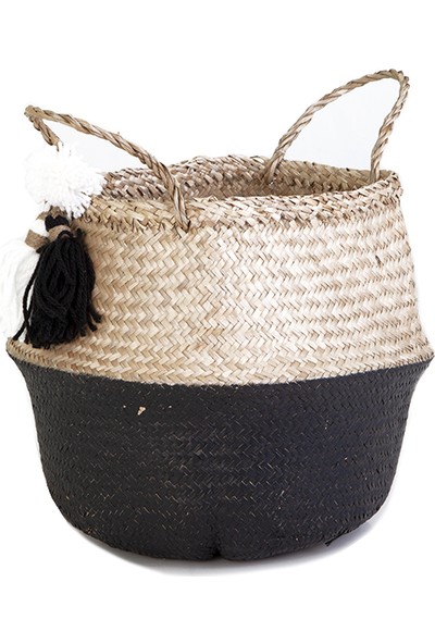 Kanca Ev Siyah-Beyaz Püsküllü Katlanır Göbekli Hasır Sepet 30cm Kanca Ev Siyah-Beyaz Püsküllü Katlanır Göbekli Hasır Sepet 30cm