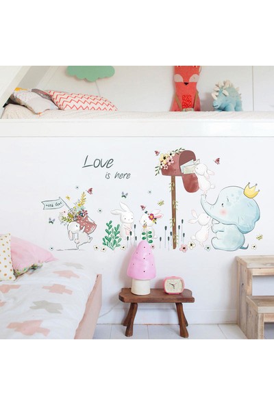 Crystal Kids Sevimli Fil ve Tavşan Çocuk Bebek Odası Dekorasyonu Duvar Çıkartması Sticker