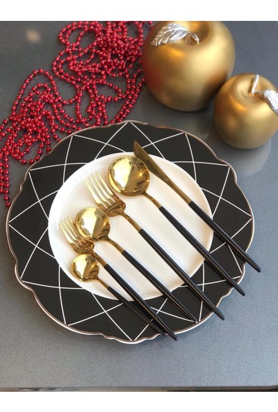 Pink & More Çatal Kaşık Bıçak Seti Parlak Gold Siyah 36 Parça 6 Kişilik