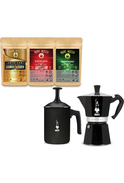 Bıalettı Mılk Frother Süt Köpürtücü & Moka Pot Nera 3 Cup + 3 Paket Espresso Kahve Bıalettı Mılk Frother Süt Köpürtücü & Moka Pot Nera 3 Cup + 3 Paket Espresso Kahve