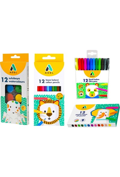 Adel Boyama Seti 12 Renk Pastel + Sulu + Kuru Boya + Keçeli Kalem Adel Boyama Seti 12 Renk Pastel + Sulu + Kuru Boya + Keçeli Kalem