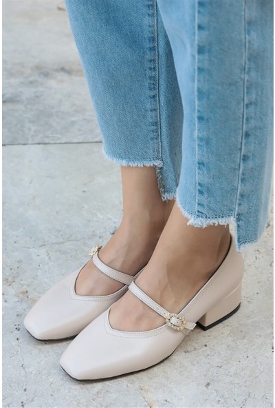 Mio Gusto Julia Bej Taşlı Topuklu Ayakkabı