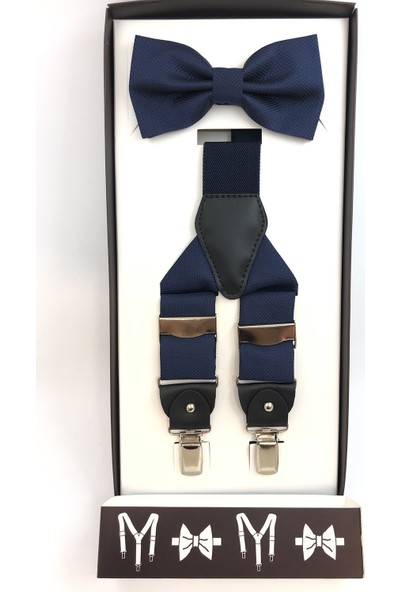 Quesste Armürlü Lacivert Metal Klipsli Pantolon Askısı ve Papyon Set Quesste Armürlü Lacivert Metal Klipsli Pantolon Askısı ve Papyon Set