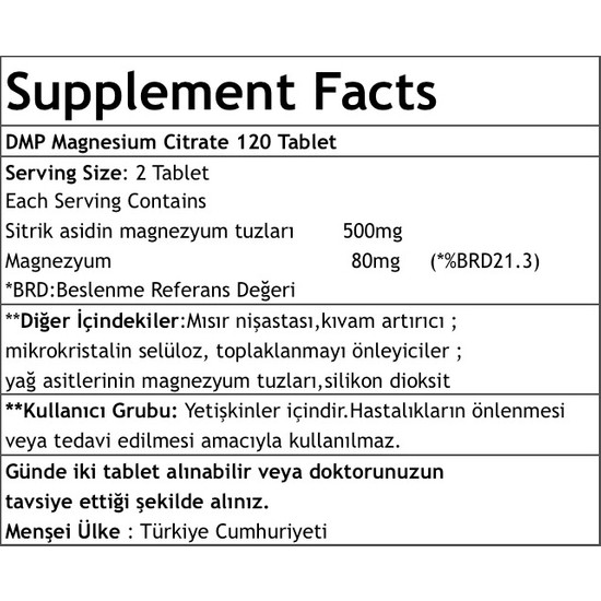 Dmp Magnesium Citrate 120 Tablet + Hap Kutusu Fiyatı