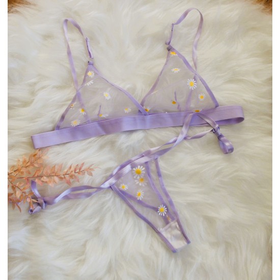 Papatya Desenli Tül Bikini Model Sütyen ve G-String Takımı Fiyatı