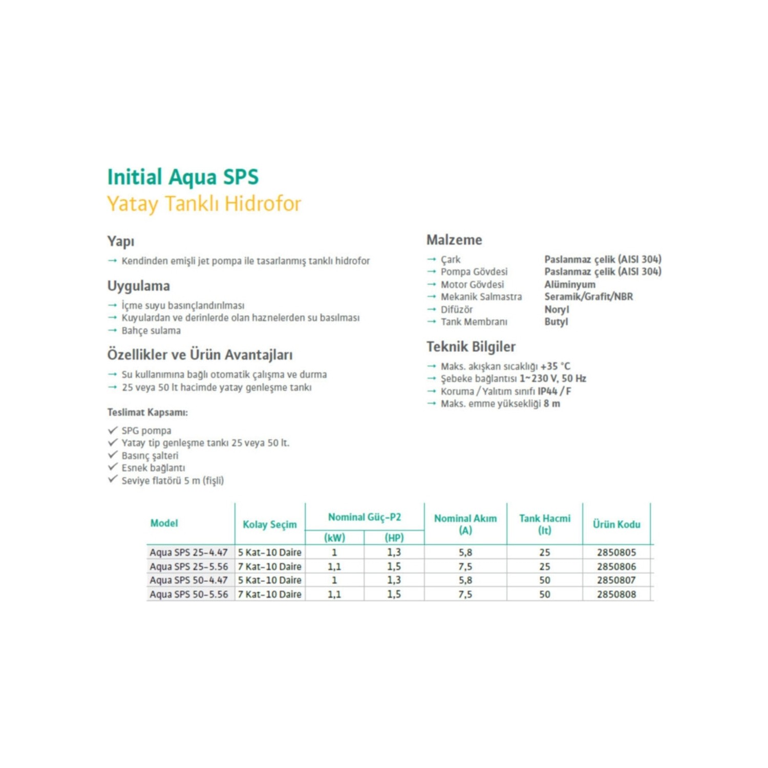Wilo Initial Aqua Spg 50-9.45 1.5hp 220V 50LT Tanklı Döküm Fiyatı