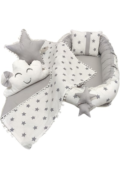 Bebek Atölyesi Gri Yıldız Desenli 5 Parça Ponponlu Set