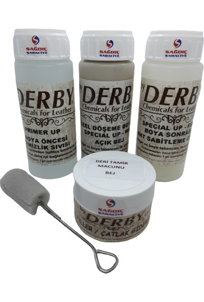 Derby Açık Bej Oto Döşeme Boya Seti ve Deri Çatlak Giderici Dolgu Tamir Macunu Derby Açık Bej Oto Döşeme Boya Seti ve Deri Çatlak Giderici Dolgu Tamir Macunu