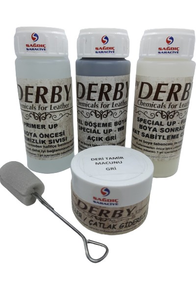 Derby Açık Gri Oto Döşeme Boya Seti ve Deri Çatlak Giderici Dolgu Tamir Macunu Derby Açık Gri Oto Döşeme Boya Seti ve Deri Çatlak Giderici Dolgu Tamir Macunu