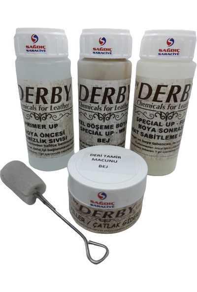 Derby Bej Oto Döşeme Boya Seti ve Deri Çatlak Giderici Dolgu Tamir Macunu Derby Bej Oto Döşeme Boya Seti ve Deri Çatlak Giderici Dolgu Tamir Macunu