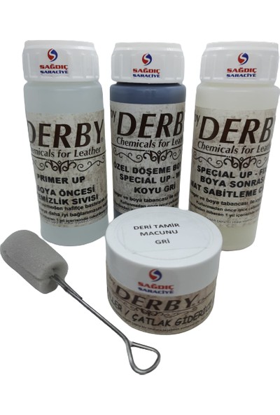 Derby Koyu Gri Oto Döşeme Boya Seti ve Deri Çatlak Giderici Dolgu Tamir Macunu Derby Koyu Gri Oto Döşeme Boya Seti ve Deri Çatlak Giderici Dolgu Tamir Macunu