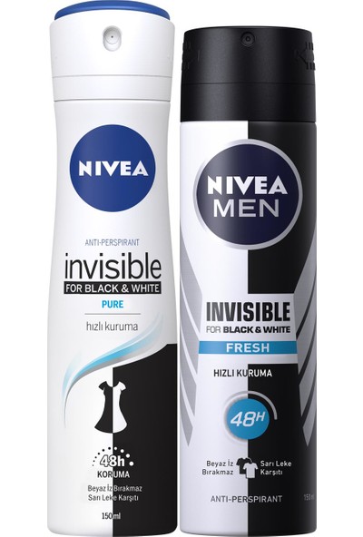 Nivea Black&white Pure Bayan Deosprey 150 Ml+Black&white Fresh Erkek Deosprey 150 ml 2'li Paket Nivea Black&white Pure Bayan Deosprey 150 Ml+Black&white Fresh Erkek Deosprey 150 ml 2'li Paket
