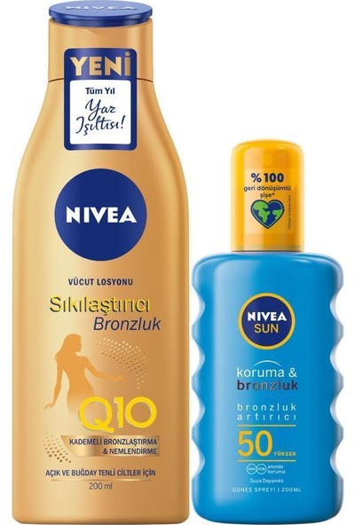 Nıvea Koruma & Bronzluk Sağlayan Güneş Spreyi SPF50+ 200ml + Nıvea Sıkılaştırıcı Doğal Bronzluk Sağlayan Vücut Losyonu 200 ml Nıvea Koruma & Bronzluk Sağlayan Güneş Spreyi SPF50+ 200ml + Nıvea Sıkılaştırıcı Doğal Bronzluk Sağlayan Vücut Losyonu 200 ml