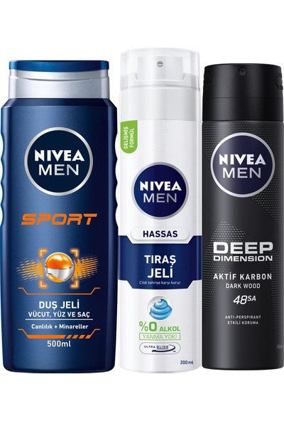 Nivea Men Sport Erkekler Için Saç ve Vücut Şampuanı 500 ml + Nivea Men Hassas Tıraş Jeli 200 ml + Nivea Men Deep Dimension Sprey Deodorant Nivea Men Sport Erkekler Için Saç ve Vücut Şampuanı 500 ml + Nivea Men Hassas Tıraş Jeli 200 ml + Nivea Men Deep Dimension Sprey Deodorant