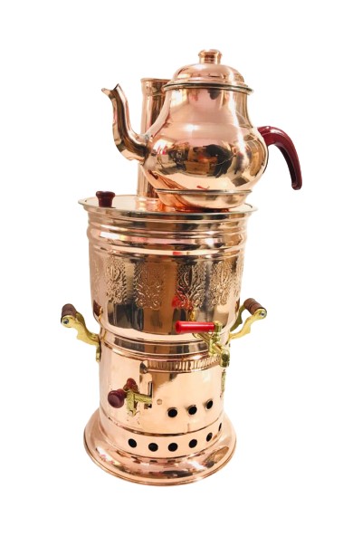 Bakır Çay Semaver Odunlu Kömürlü 5 Litre + Bakır Demlik Hediyeli