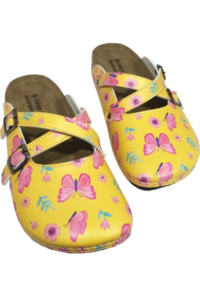 Odeys 2006 Sarı Kelebek Desenli Kadın Sabo Terlik Kadın Günlük Şık Terlik