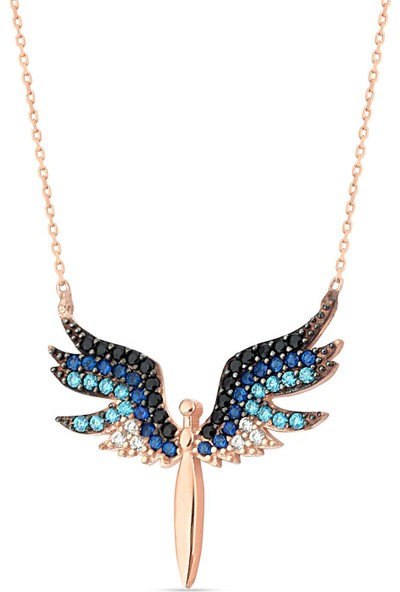 Herisson Kadın 925 Ayar Gümüş Zirkon Siyah Mavi Beyaz Taşlı Mikail Meleği Kolye