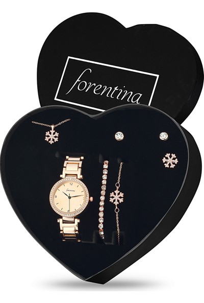 Forentina Rose Kar Tanesi Kolye Küpe Bileklik Yüzük Saat Set