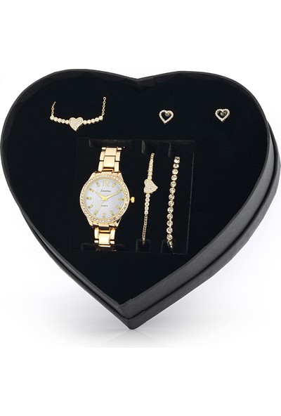 Forentina Altın Kaplama Zirkon Kalpli Kolye Küpe Bileklik Saat Set