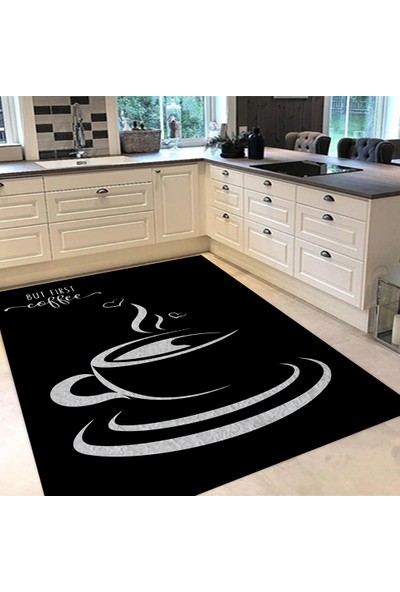 Gardenya Kahve Siluet Siyah Beyaz Mutfak Halısı