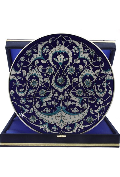 Otantik Çini Mavi Zeminli Baba Nakkaş Dekorlu Kadife Kutulu Kurumsal Mertaban Tabak 30 cm