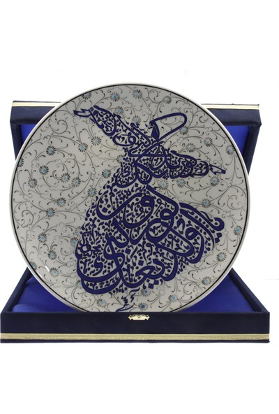 Otantik Çini Haliç Zeminli Semazen Hat Yazılı Dekorlu Kurumsal Kadife Kutulu 30 cm Tabak