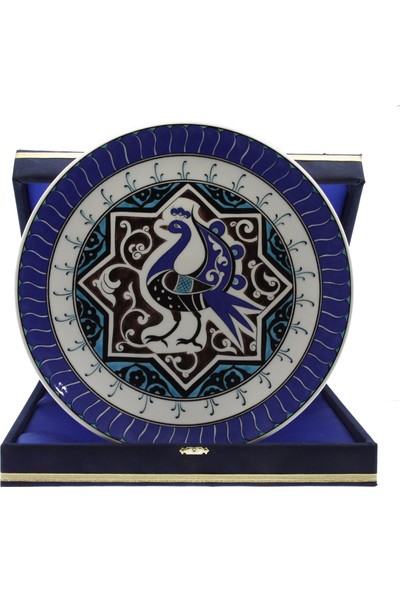 Otantik Çini Selçuklu Yıldızı Içinde Cennet Kuşu Dekorlu Kurumsal Kadife Kutulu 30CMTABAK