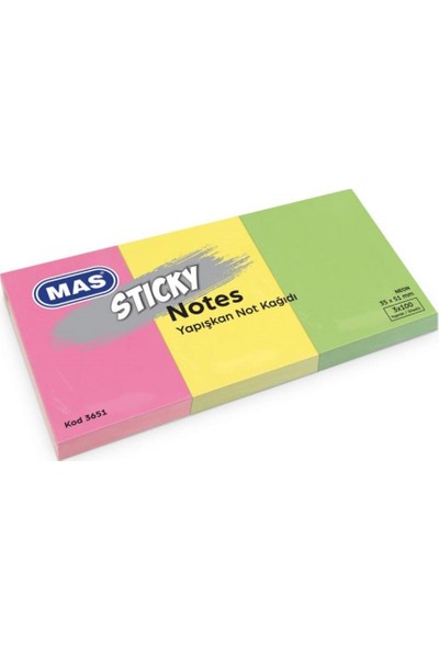 Mas 3651 Yapışkanlı Not Kağıdı 35 mm x 51 mm 3 x 100 cm Sayfa Neon 3 Renk Mas 3651 Yapışkanlı Not Kağıdı 35 mm x 51 mm 3 x 100 cm Sayfa Neon 3 Renk