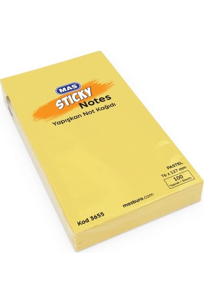 Mas 3655 Yapışkanlı Not Kağıdı 100 Sayfa 76 mm x 127 mm Pastel Sarı Mas 3655 Yapışkanlı Not Kağıdı 100 Sayfa 76 mm x 127 mm Pastel Sarı