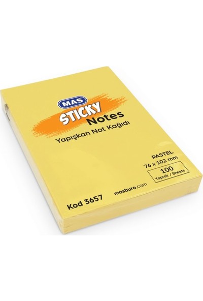 Mas 3657 Yapışkanlı Not Kağıdı 100 Sayfa 76 mm x 102 mm Pastel Sarı Mas 3657 Yapışkanlı Not Kağıdı 100 Sayfa 76 mm x 102 mm Pastel Sarı