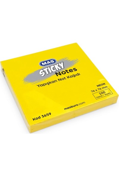 Mas 3659 Yapışkanlı Not Kağıdı 100 Sayfa 76 mm x 76 mm Neon Sarı Mas 3659 Yapışkanlı Not Kağıdı 100 Sayfa 76 mm x 76 mm Neon Sarı
