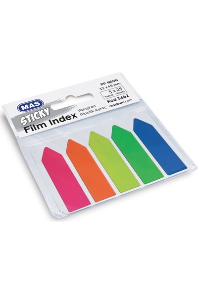Mas 3662 Film Index 12mm x 45 mm 5 x 25 cm Sayfa Pp Neon 5 Renk