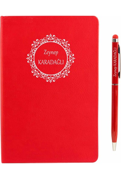 Hediye Rengi İsme Özel Defter Kalem Seti Kırmızı - Çiçekli Çerçeve