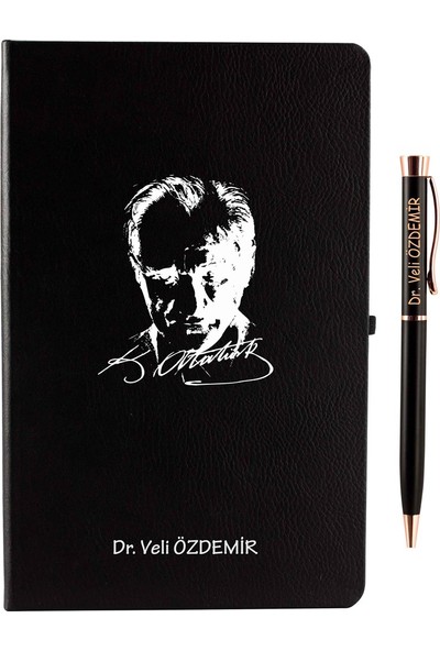 Hediye Rengi İsme Özel Defter Kalem Seti Siyah - Atatürk Silüet