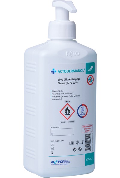 Actodermanol El ve Cilt Dezenfektanı 500 ml Etanol %70 + Pompa Hediye Actodermanol El ve Cilt Dezenfektanı 500 ml Etanol %70 + Pompa Hediye