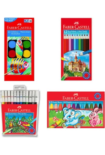 Faber-Castell 4'lü Boyama Seti 12 Renk Pastel+Sulu+Kuru+Keçeli Kalem Faber-Castell 4'lü Boyama Seti 12 Renk Pastel+Sulu+Kuru+Keçeli Kalem