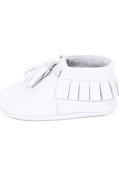 Yoyo Junior Hakiki Deri Beyaz PonPon Detaylı Bebek Patik