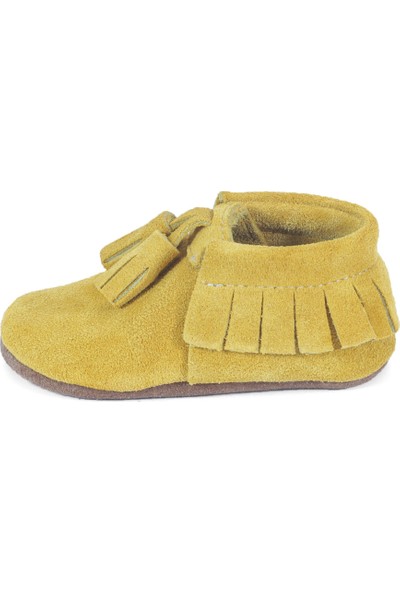 Yoyo Junior Hakiki Deri Hardal Süet PonPon Detaylı Bebek Patik
