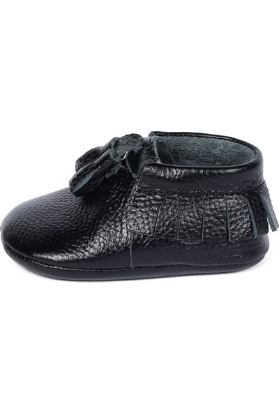 Yoyo Junior Hakiki Deri Siyah PonPon Detaylı Bebek Patik