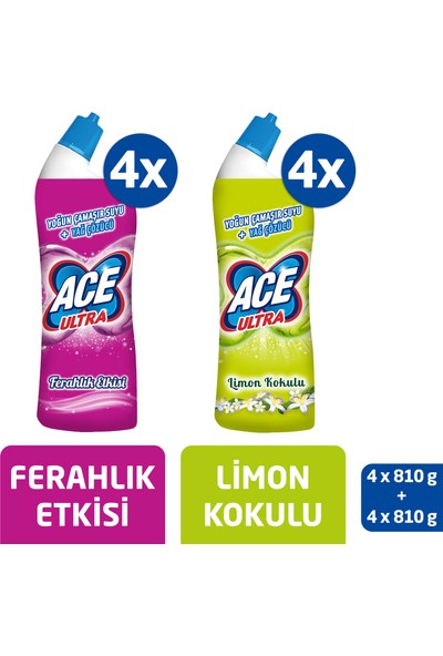 Ace Ultra Power Jel Kıvamlı Ç.suyu Ferahlık Etkısı 4 x 810 gr + Limon Bahçesi 4 x 810 gr Ace Ultra Power Jel Kıvamlı Ç.suyu Ferahlık Etkısı 4 x 810 gr + Limon Bahçesi 4 x 810 gr