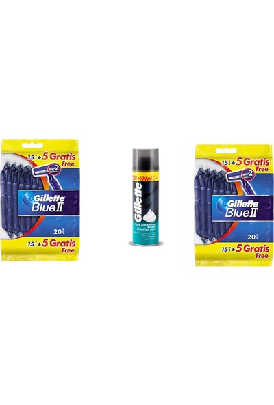 Gillette Blue2 Normal Tıraş Bıçağı 20'li Poşet x 2 Adet + Gillette Tıraş Köpüğü 300 ml Gillette Blue2 Normal Tıraş Bıçağı 20'li Poşet x 2 Adet + Gillette Tıraş Köpüğü 300 ml