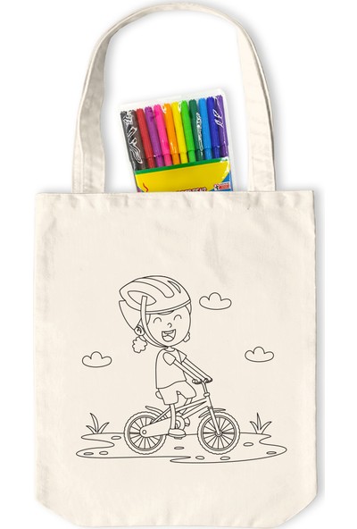 Çınar Bez Çanta Bisiklet Süren Çocuk Boyama Desenli Ham Bez Çanta - Boya Çınar Bez Çanta Bisiklet Süren Çocuk Boyama Desenli Ham Bez Çanta - Boya