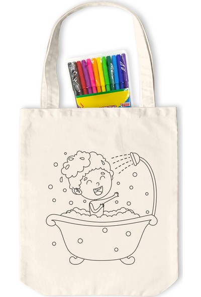 Çınar Bez Çanta Duş Alan Çocuk Boyama Desenli Ham Bez Çanta - Boya