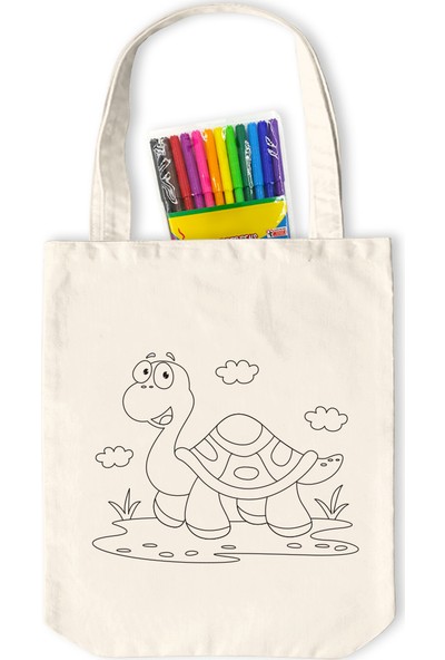 Çınar Bez Çanta Kaplumbağa Boyama Desenli Ham Bez Çanta - Boya Çınar Bez Çanta Kaplumbağa Boyama Desenli Ham Bez Çanta - Boya