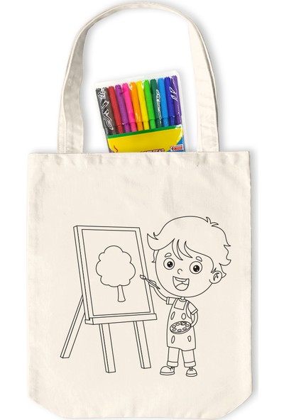 Çınar Bez Çanta Resim Çizen Çocuk Boyama Desenli Ham Bez Çanta - Boya Çınar Bez Çanta Resim Çizen Çocuk Boyama Desenli Ham Bez Çanta - Boya
