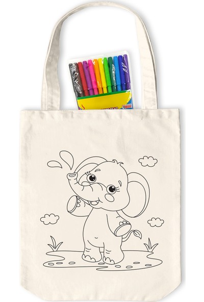 Çınar Bez Çanta Fil Boyama Desenli Ham Bez Çanta - Boya