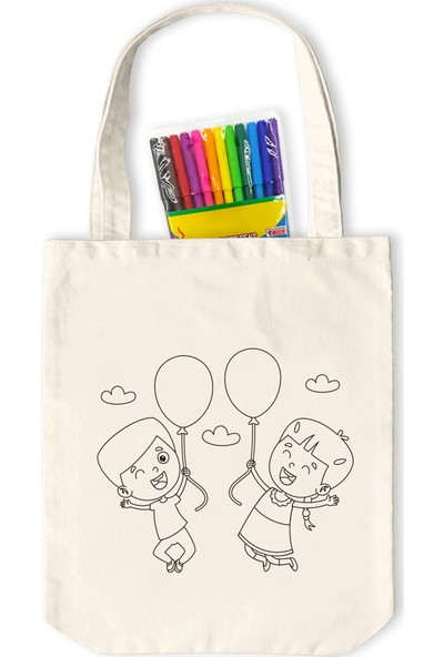 Çınar Bez Çanta Balonlu Çocuklar Boyama Desenli Ham Bez Çanta - Boya