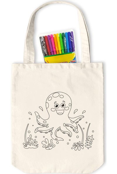 Çınar Bez Çanta Ahtapot Boyama Desenli Ham Bez Çanta - Boya