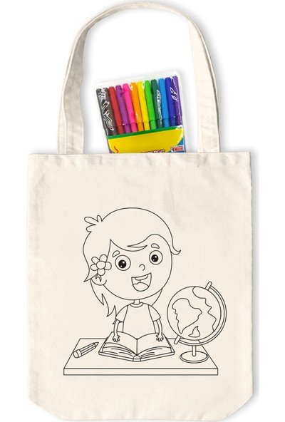 Çınar Bez Çanta Kitap Okuyan Çocuk Boyama Desenli Ham Bez Çanta - Boya Çınar Bez Çanta Kitap Okuyan Çocuk Boyama Desenli Ham Bez Çanta - Boya